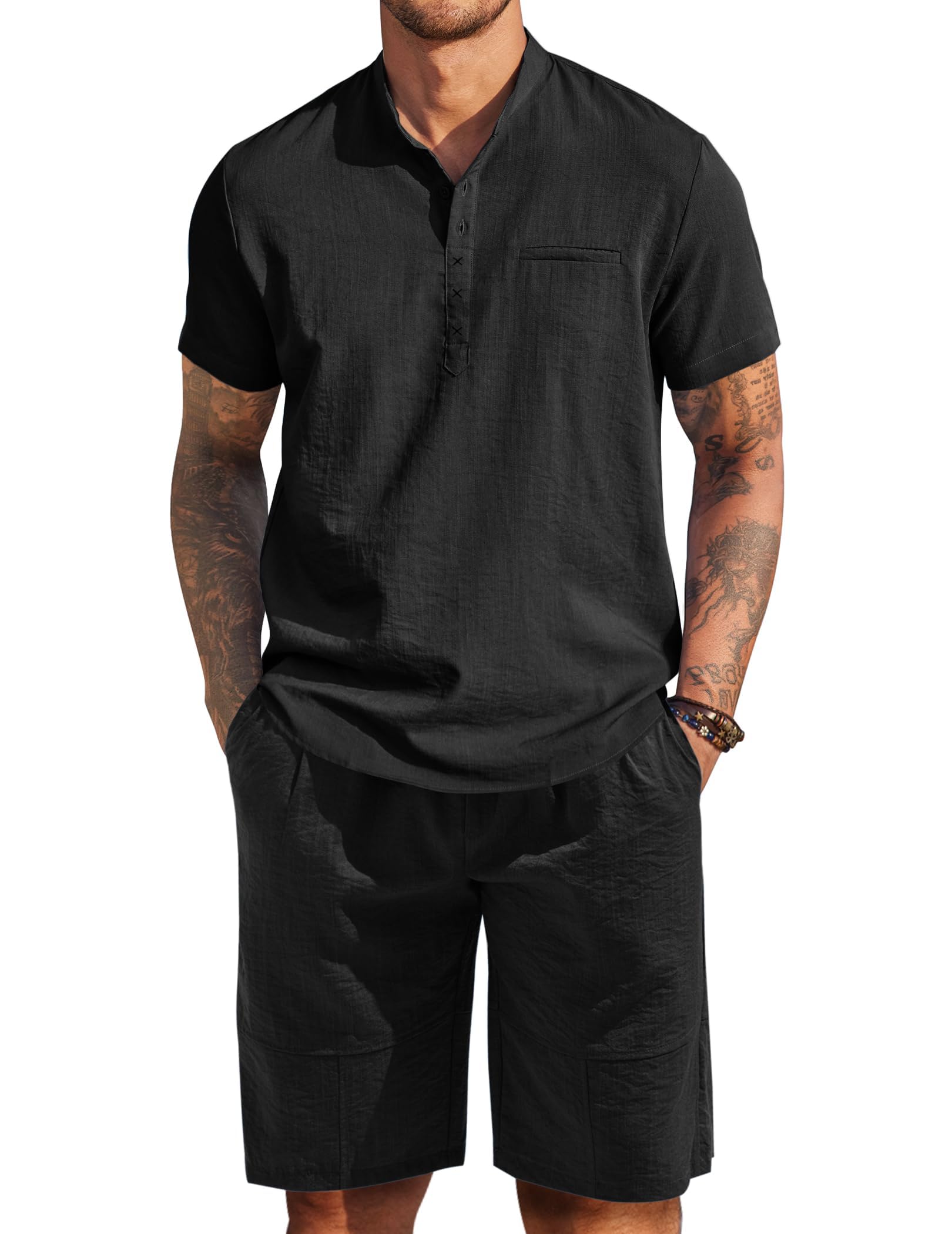 COOFANDY Men's 2 Piece Linen Set Short Sleeve Henley Shirts and Shorts Summer Beach Yoga Pants Set