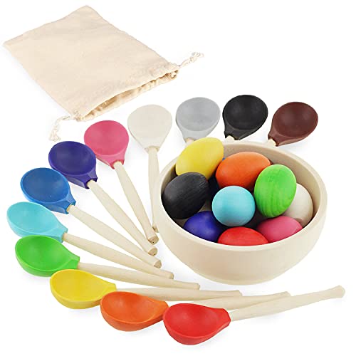 Ulanik Eggs and Spoons Toddler Montessori Toys for 1 Year Old + Kids Wooden Eggs Baby Matching Game for Learning Color Sorting and Counting â 12 pcs, 1.8 in