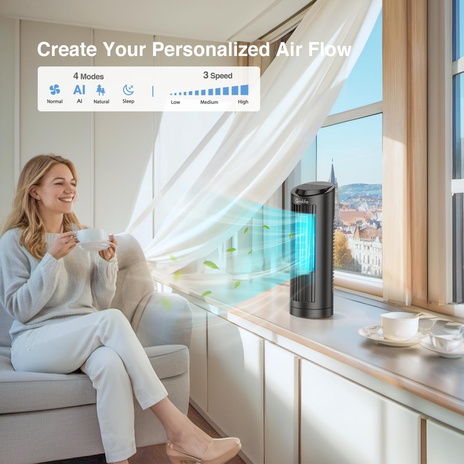 Grelife 13" Bladeless Tower Fan with 70° Oscillation, Touch Screen and Remote Control, 3 Speeds, 4 Wind Modes, 12-Hour Timer - Compact Cooling for Home Office Bedroom