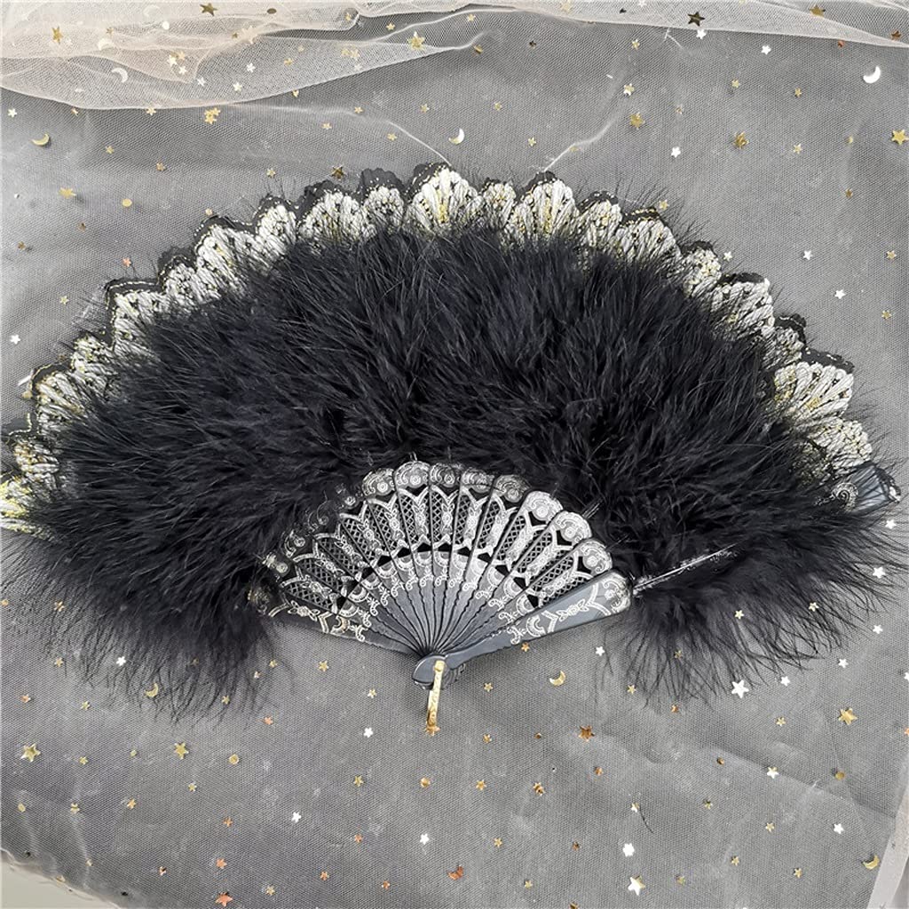 Feather Folding Fan Japanese Sweet Dance Hand Fan Art Craft Gift Wedding Party Decoration (Svart)