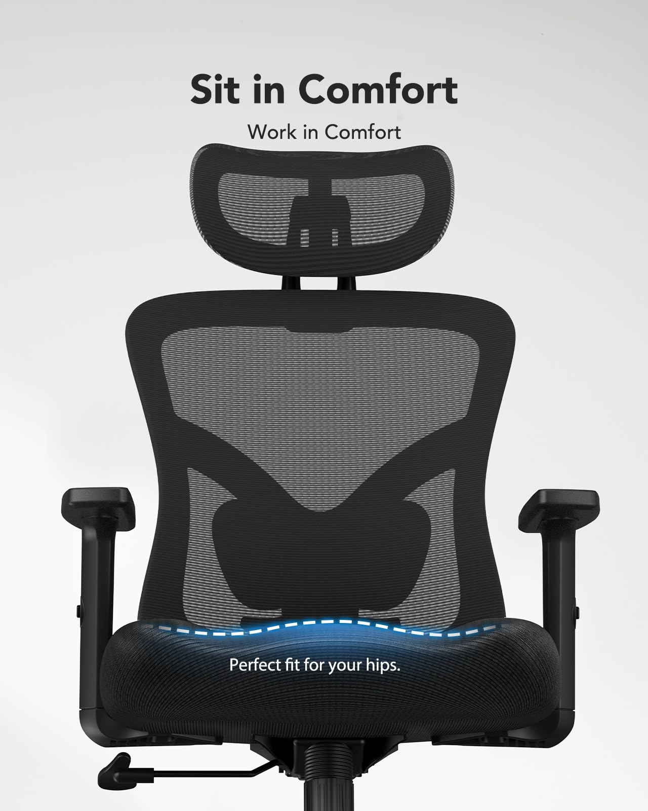 HUANUO Ergonomic Office Chair, High Back Desk Chair with S-Shaped Backrest, Adjustable Lumbar Support, Headrest, Armrest, Mesh Computer Chair with Thicker Seat Cushion and Tilt Function, Black