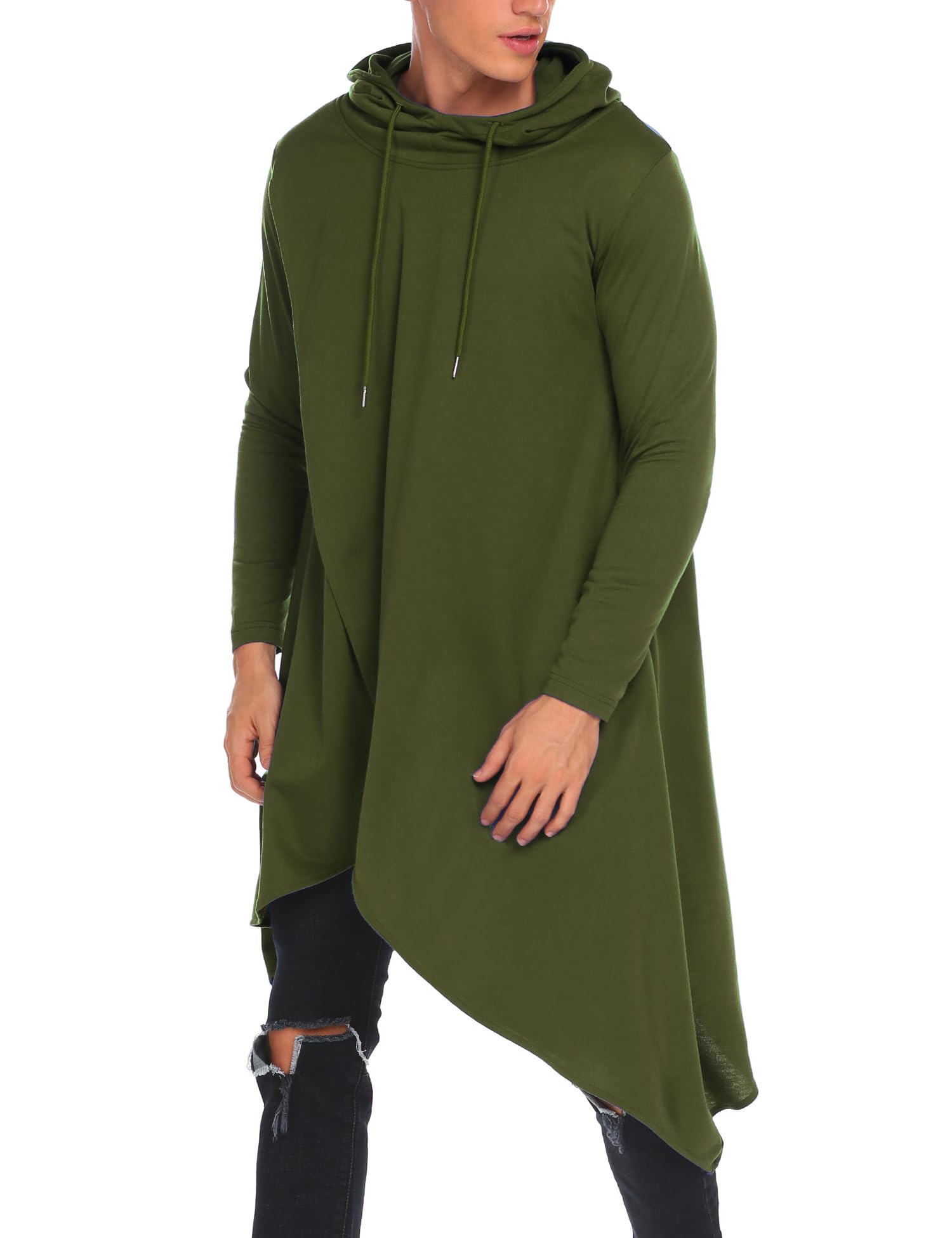 COOFANDY Mens Casual Hooded Poncho Cape Cloak Irregular Hem Hoodie Pullover,Army Green,X-Large