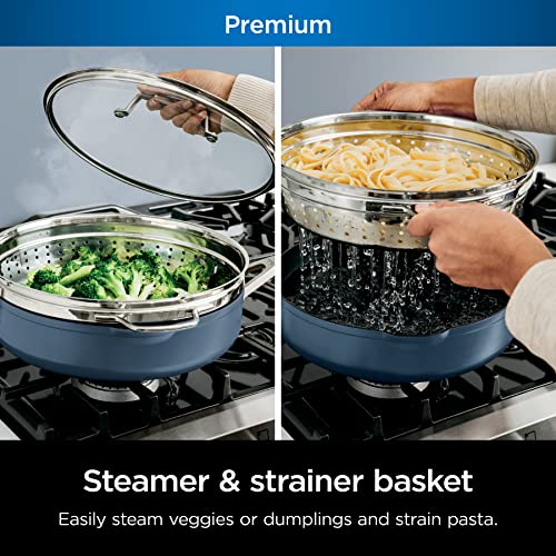 Ninja CW102BL Foodi NeverStick PossiblePan, Premium Set with 4-Quart Capacity Pan, Steamer/Strainer Basket, Glass Lid & Integrated Spatula, Nonstick, Durable & Oven Safe to 500°F, Macaron Blue