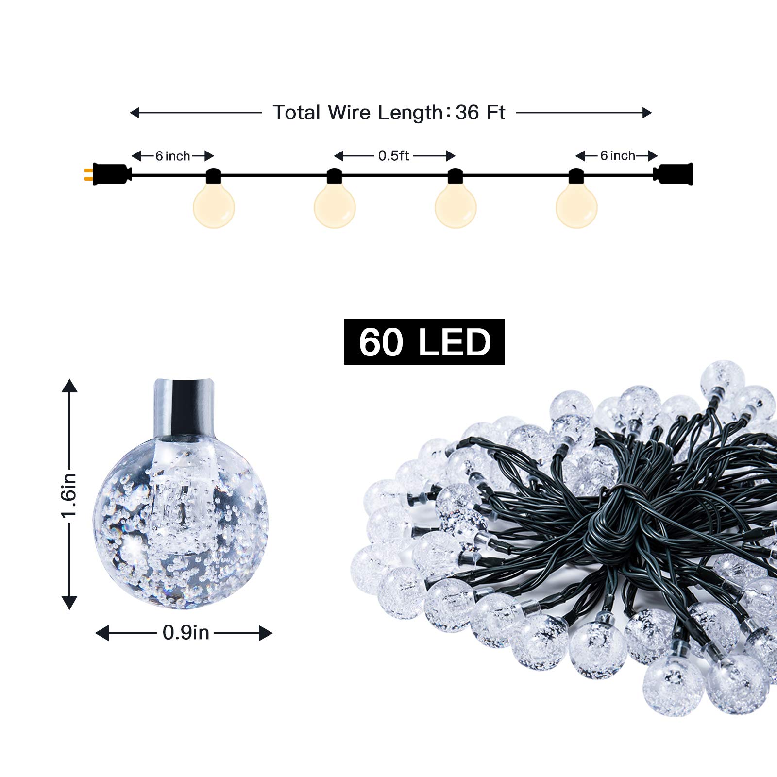 unbrands Solar String Lights Outdoor , 60LED Globe Fairy Waterpro of Lights , 8 Modes 11M/36ft Outdoor Solar String Lights for Garden, Patio Yard, Home ,Christmas ,Parties ,Wedding (Warm White)
