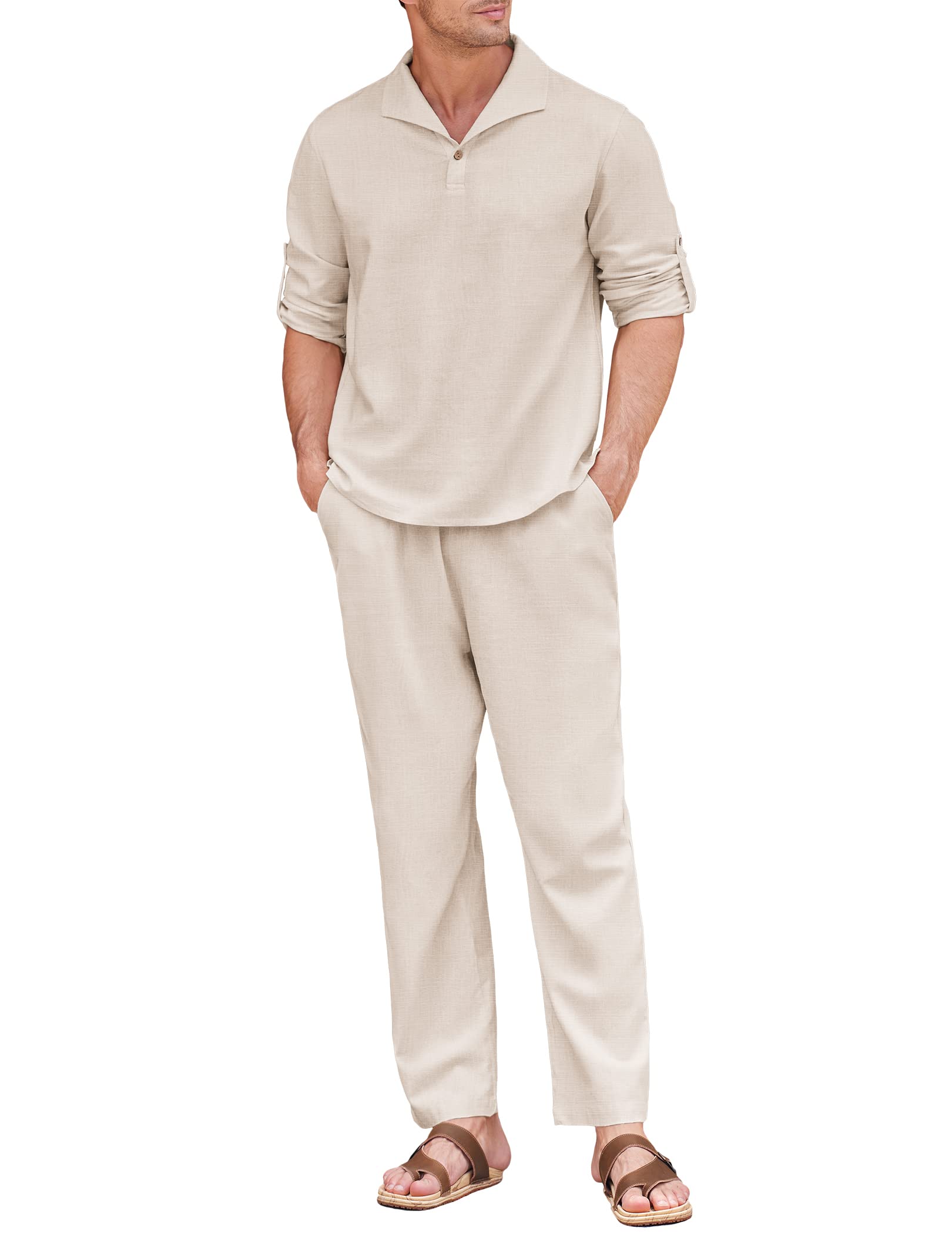 COOFANDY Mens Cotton Sets 2 Pieces Outfits Beach Long Sleeve Button Collar Shirt and Vacation Long Pants