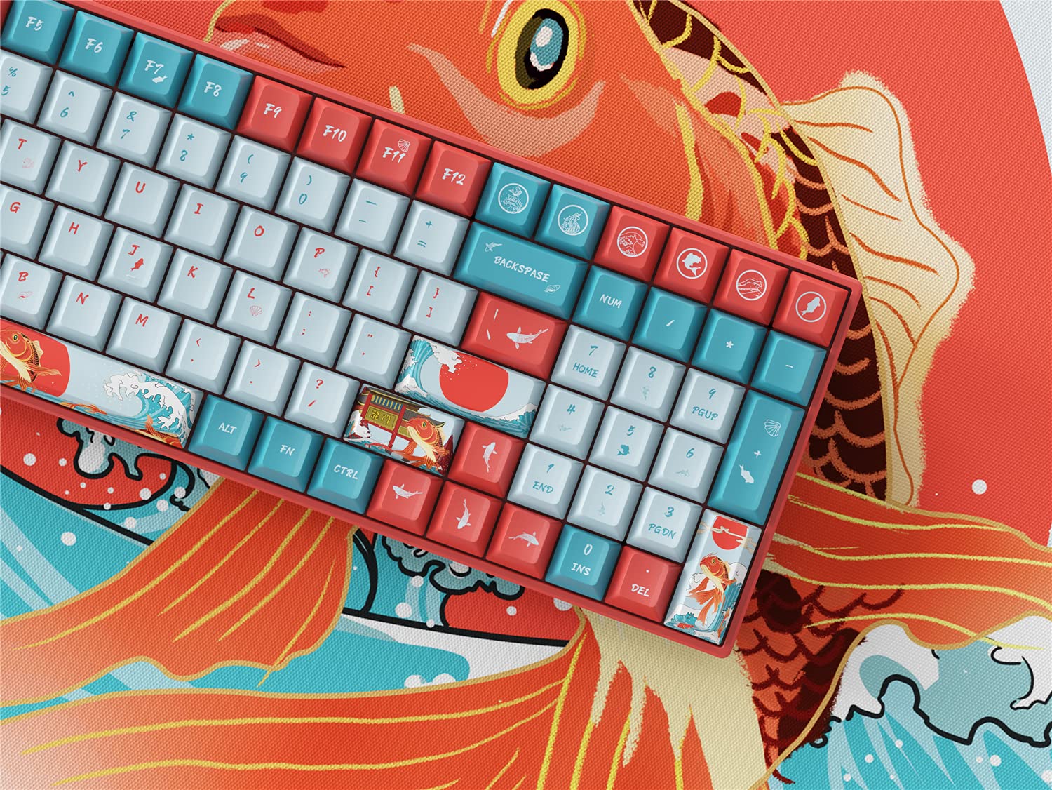 DAGK Dragon Gate Koi PBT Dye Sublimation Upgrade 128 Keycap Set Cherry Profile Keycaps Keyset with Puller for Cherry Mx Gateron Kailh Switch Mechanical Keyboard Upgraded Coral Sea…
