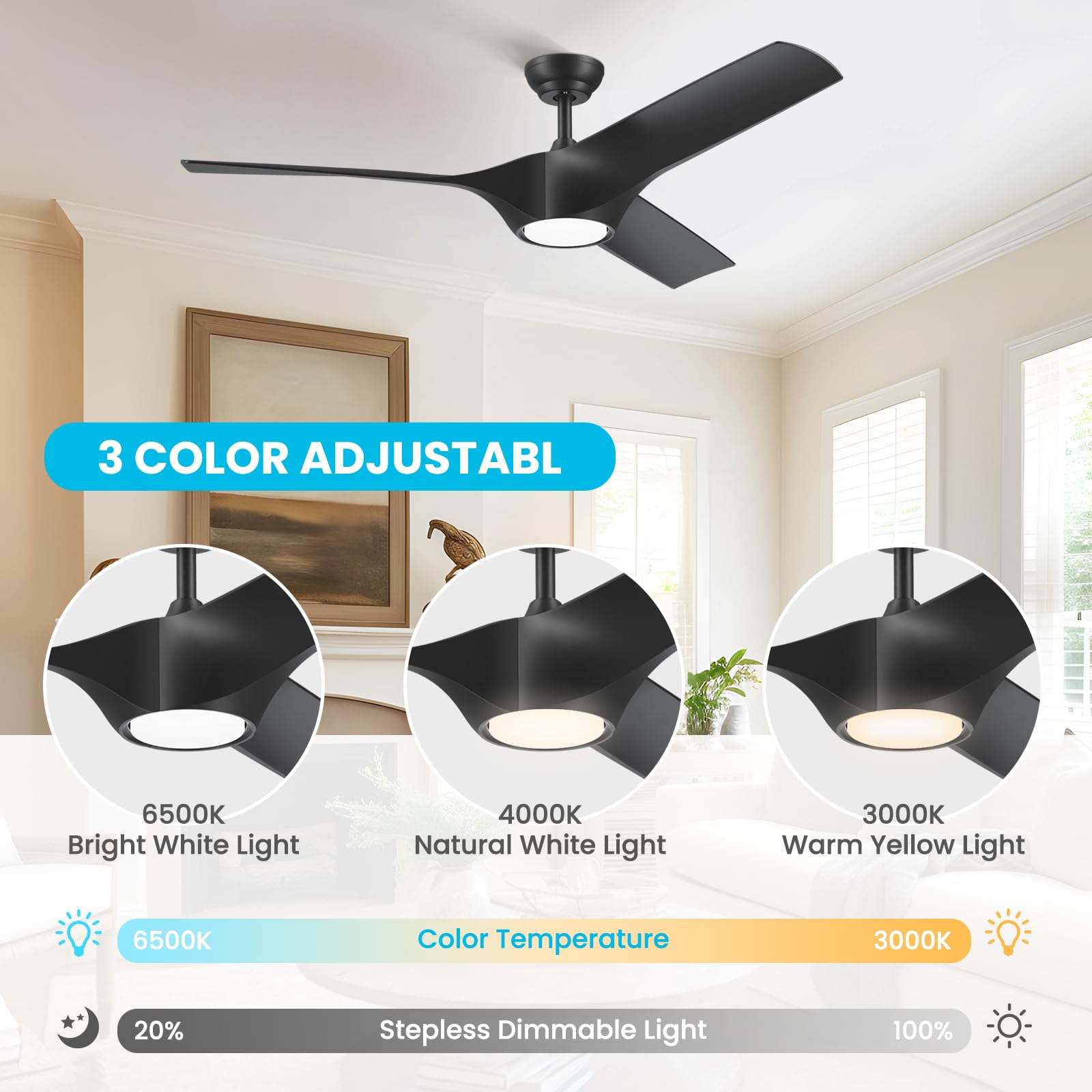CJOY 56 inch Black Ceiling Fan, Dimmable Ceiling Fans with Lights, 3 Reversible ABS Fan Blades, Silent DC Motor, Modern Fans Lights with Remote, 6 Speeds, Timer, Indoor/Outdoor