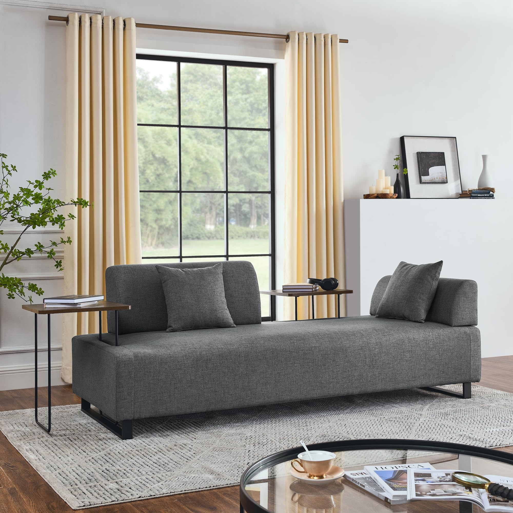 ERYE Morden Upholstered 3-Seat Couch Linen Upholstered 3 Seat Sofa Couch with Two End Tables and 2 Pillows, Free Transformation Removable Back and Armrests for Living Room