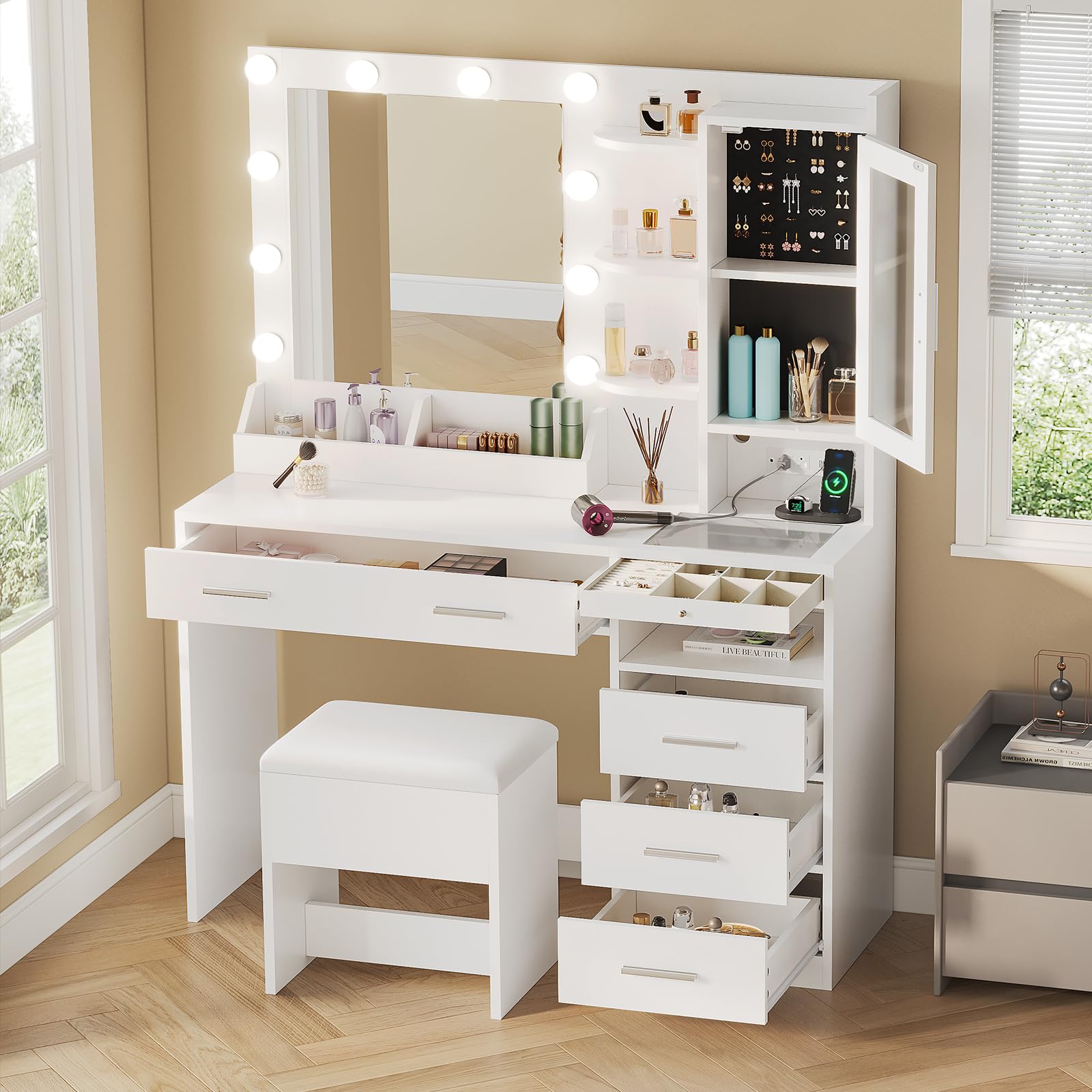 HAUOMS Makeup Vanity Desk with Mirror and Lights & Stool & Charging Station, 4 Drawers Makeup Table with Glass Top Jewelry Organizer & 7 Shelves, 3 Light Settings, Modern White