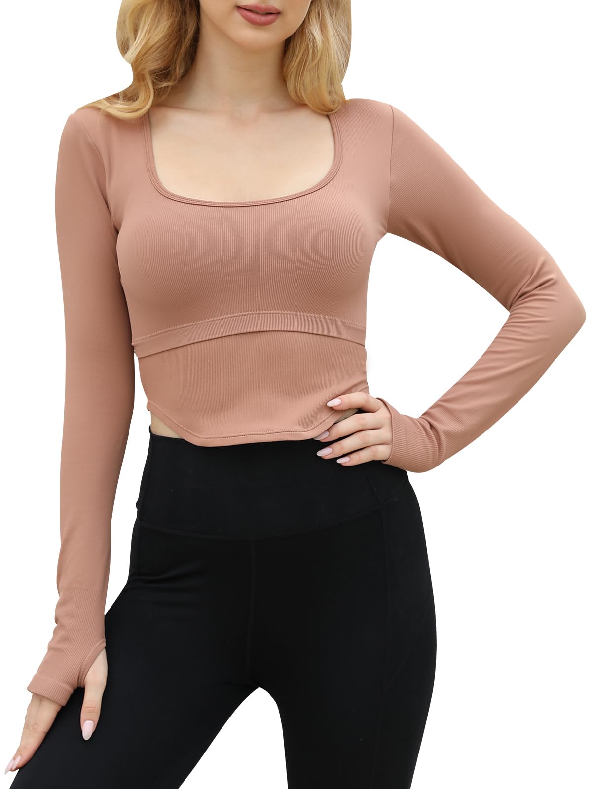 ECUPPER Womens Long Sleeve Workout Crop Tops Built in Bra Seamless Athletic Shirts Compression Yoga Gym Top with Thumb Holes Camel