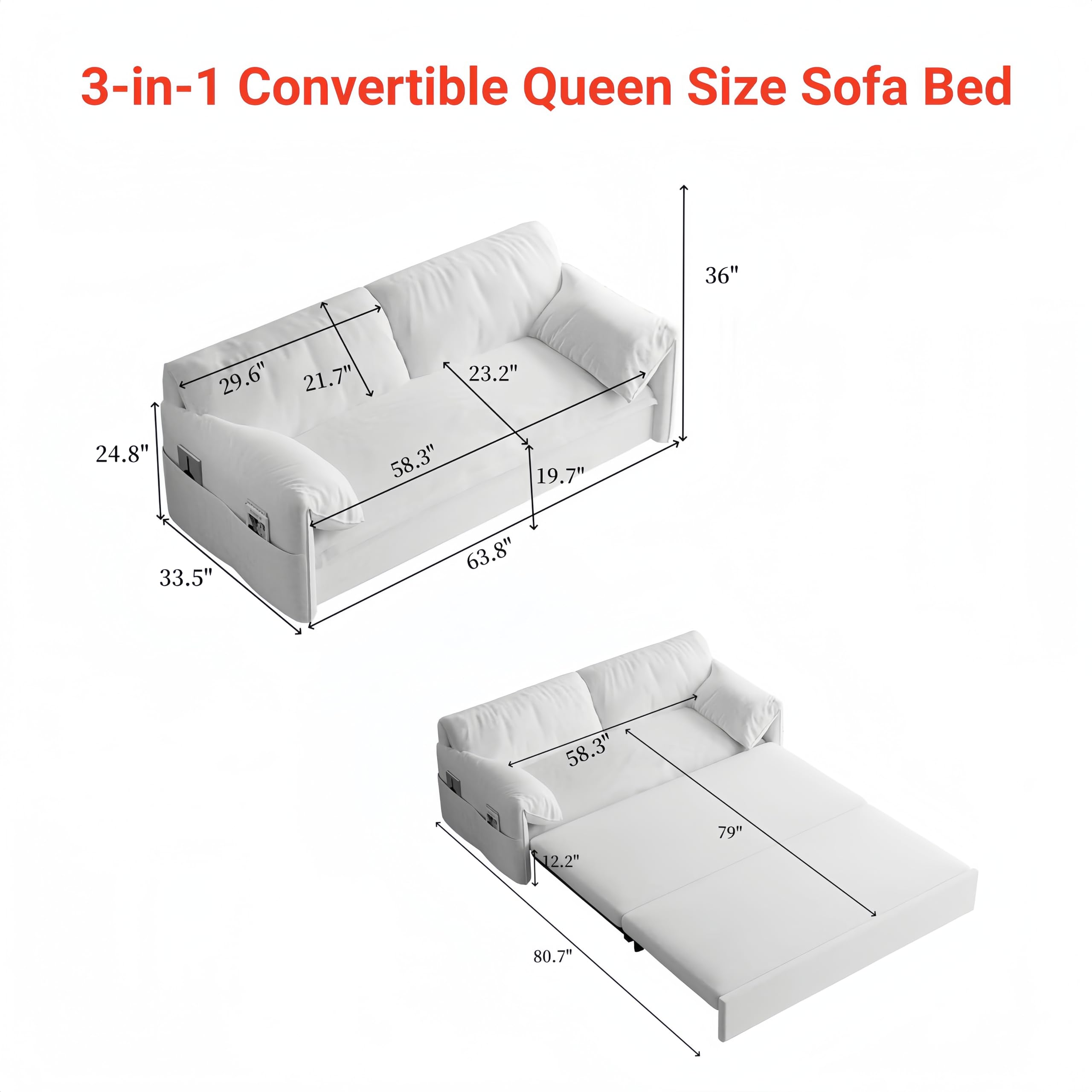 ERYE Oversized 3 in 1 Loveseat Sleeper Sofa Bed,Queen Size Love Seats W/Pull Out Couch and Padded Armrests Convertible Spacious Sofabed with Side Storage Pocket for Home Office Apartment Living Room