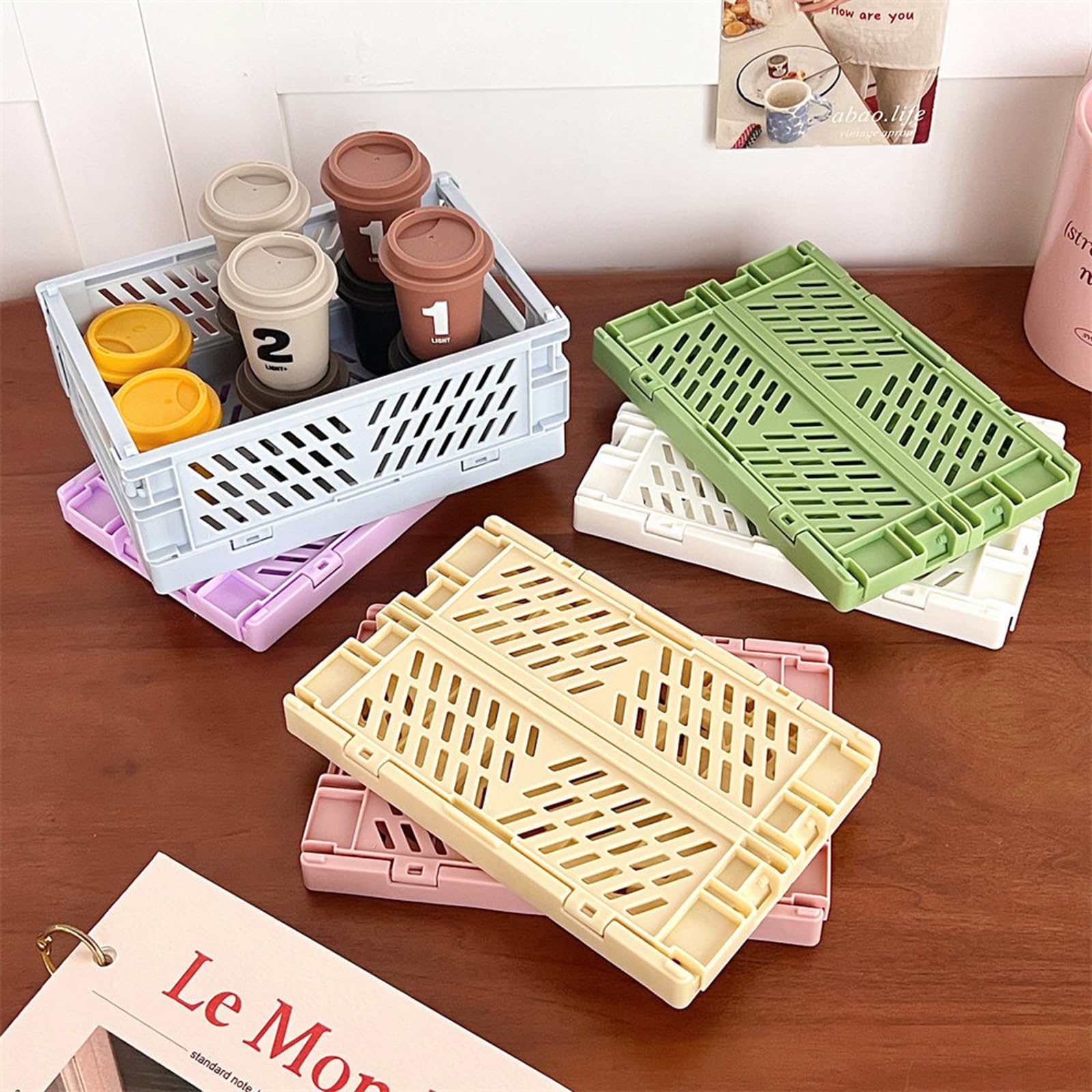 HUIFACAI Plastic Baskets Foldable Desk Crates Storage Box Stackable Table Basket Organizers Office Desktop Drawer Shelf, Small, Blue