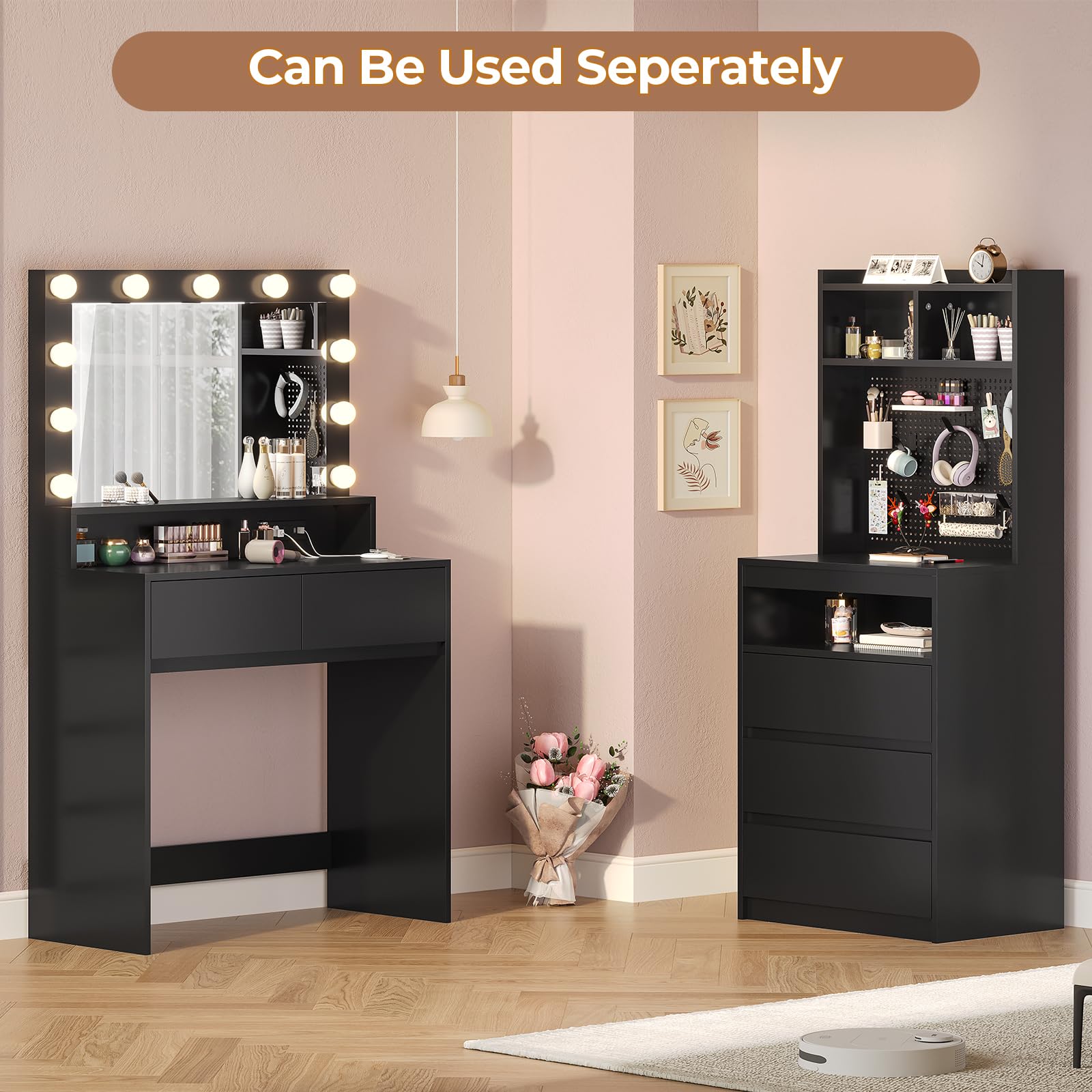 HAUOMS Vanity Desk Dresser Combo, Makeup Vanity with Mirror and LED Light & Power Outlet, Vanity Table with 5 Drawers, DIY Pegboard Included, 3 Light Settings, Modern White