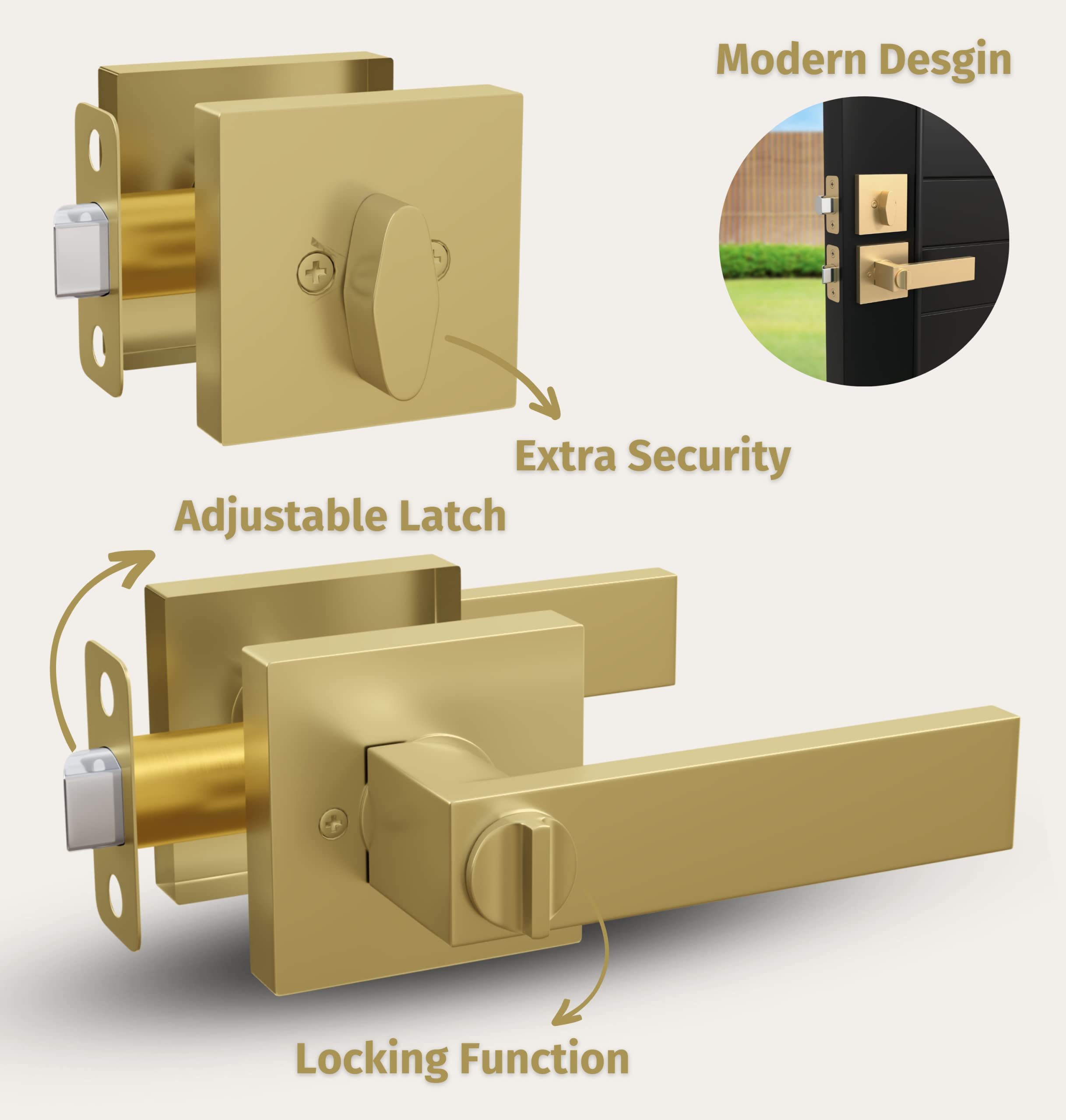 Mega Handles Entry Combo I Entry Lever Door Handle and Single Cylinder Deadbolt Lock and Key Combo Pack - Heavy Duty Square Locking Lever Set for Left or Right-Handed Doors - Satin Brass