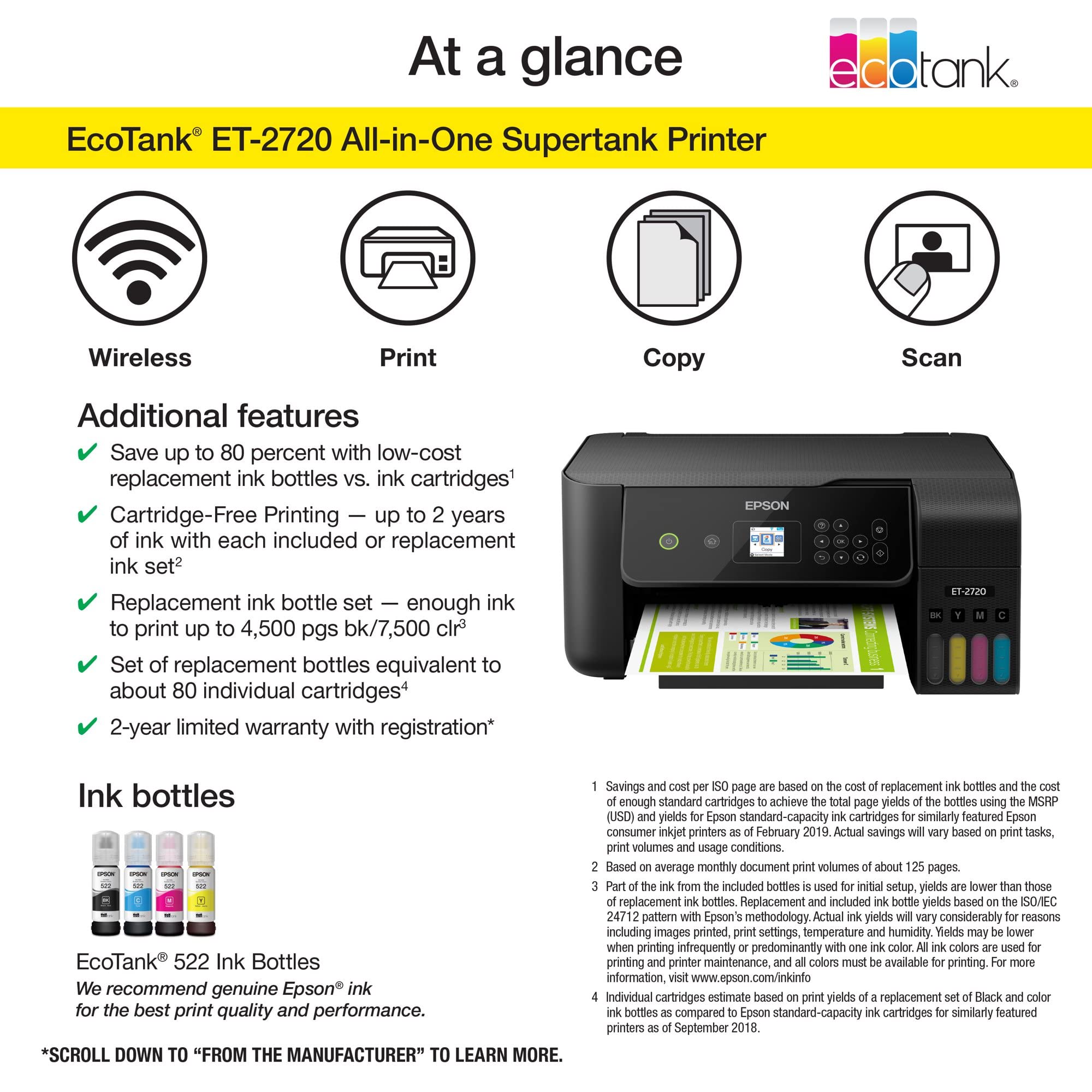 Epson EcoTank ET-2720 All-in-One Wireless Color Inkjet Printer, Black - Print Scan Copy - 10.5 ppm, 5760 x 1440 dpi, Voice Activated, Borderless Photo Printing, 8.5 x 11.7, Ethernet