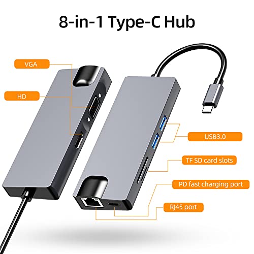 ERYUE 8-in-1 Type-C Hub USB-C Converter Aluminum Alloy Shell 2*USB3.0+1*PD+1*HD+1*VGA+1*100M RJ45 Port+SD/TF Card Slots