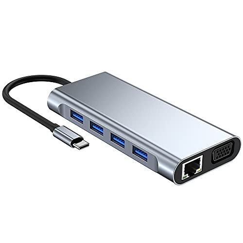 ERYUE Type-C 11-in-1 Hub Aluminum Alloy Shell with USB2.0 USB3.0 HD VGA PD RJ45 Ports SD TF Card Slots 3.5mm o Interface