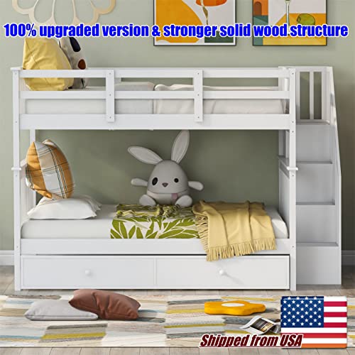 SNIFIT Upgraded Version & Stronger Solid Wood Convertible Bunk Bed Full Over Full with Trundle & Storage Shelves & Stairs, Thickened Reinforced Full Over Full Size Bunkbed (Easier Assembly) (White)