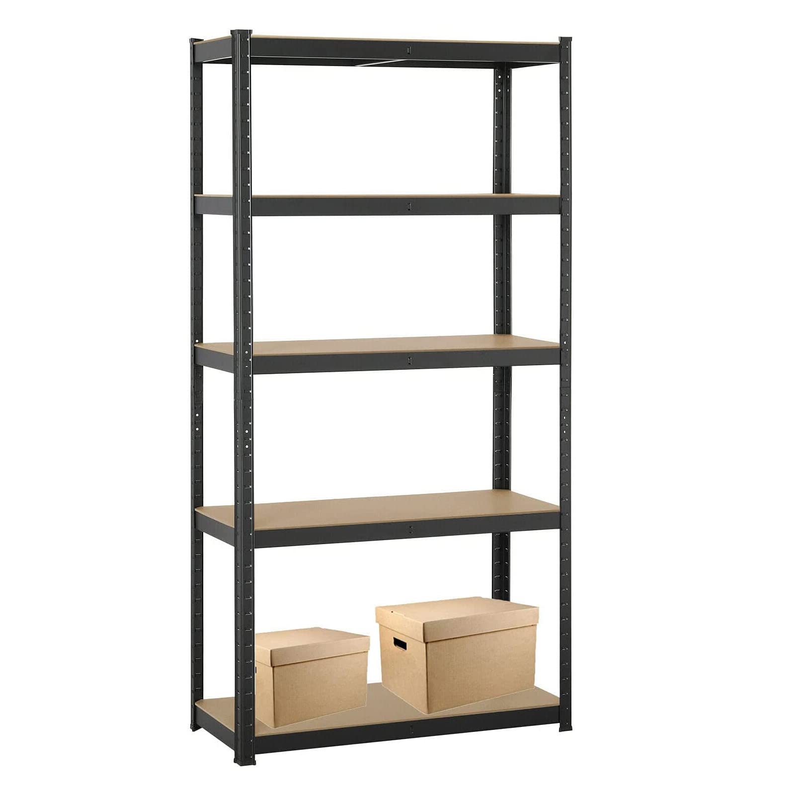 Garage Shelving Unit and Storage 77 Inch 5 Tier Adjustable Height, 386lbs Max Load Per Shelf, Heavy Duty Metal Frame Botless Installation for Workshop Home Storage Organizer Utility Rack, Black