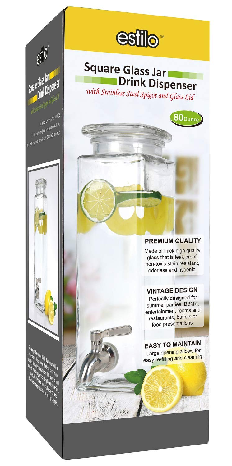 Estilo Glass Drink Dispenser - Tall Square Glass Mason Jar Drink Dispenser With Stainless Steel Spigot, 80 oz (2.36 Liters), Clear, Parties, Weddings, and Picnics