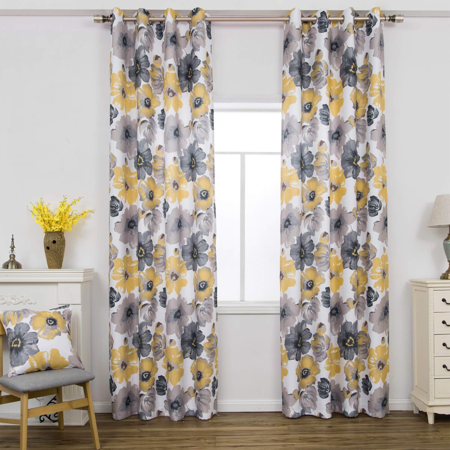 Clacoco Gray Yellow Flower Curtains and Drapes for Living Room Grommet Top 1Panel 42" W 84" L