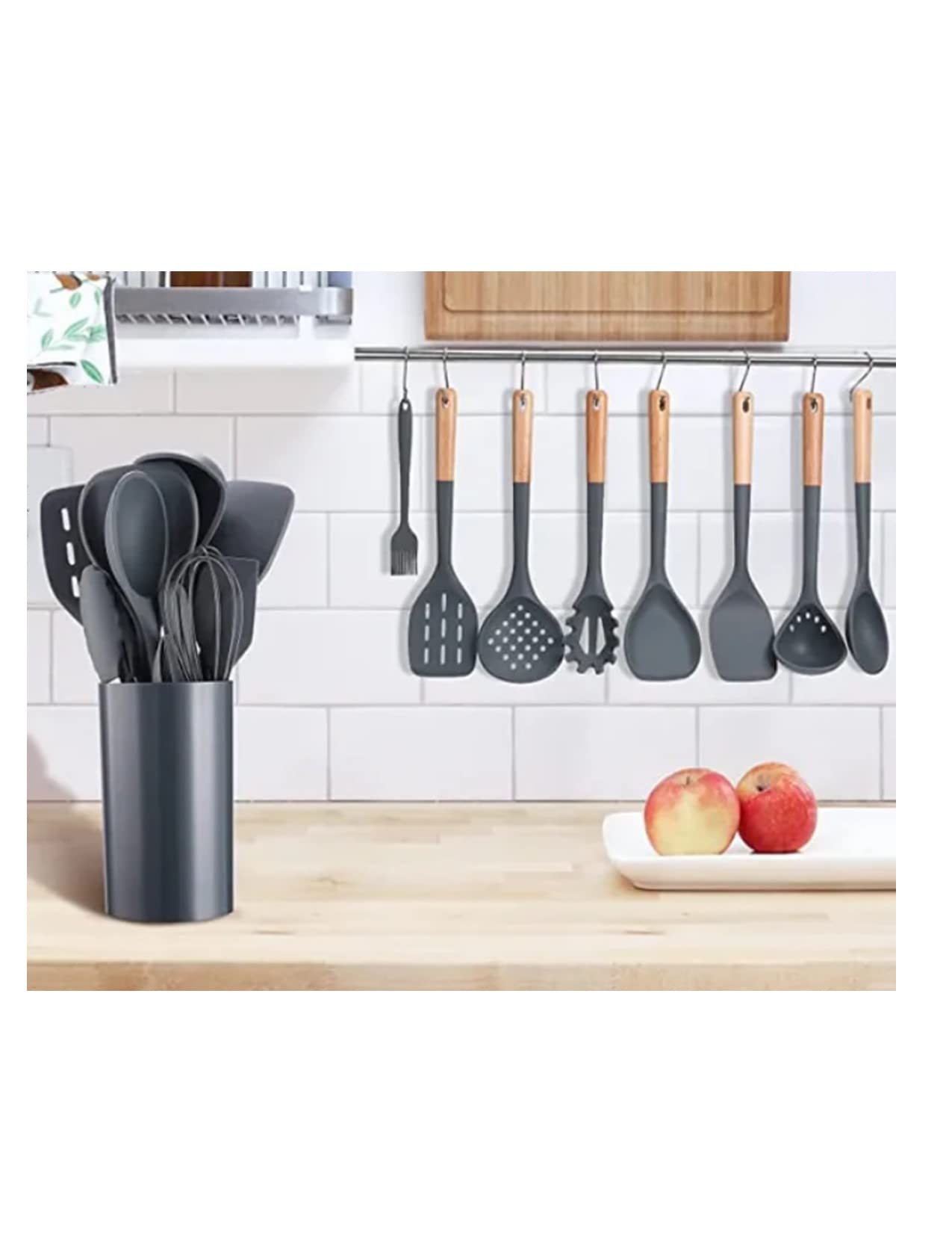 Cooking Utensils Set, 33 pcs Non-Stick Silicone Cooking Kitchen Utensils Spatula Set with Holder, Wooden Handle Silicone Kitchen Gadgets Utensil Set