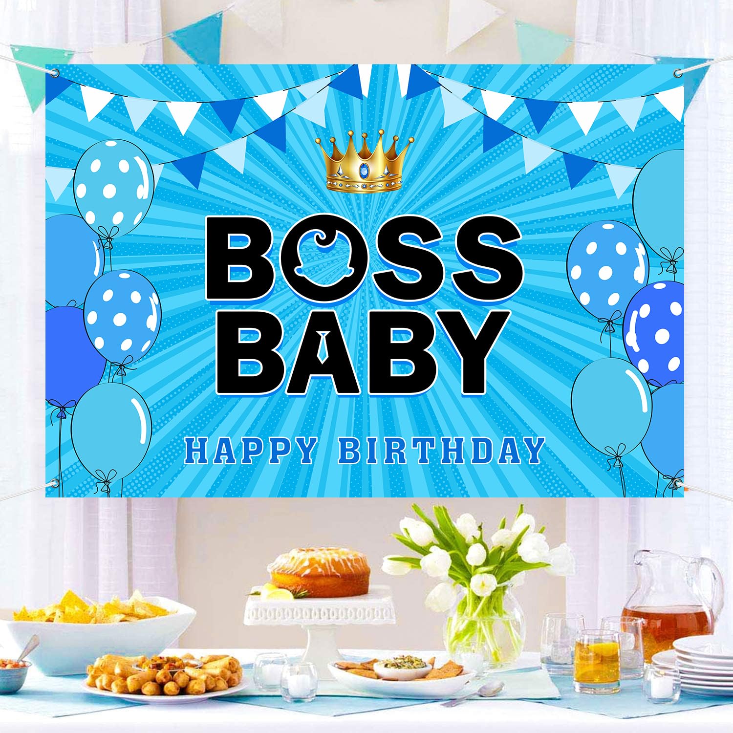 INNORU Boss Boy Backdrop Banner, Gender Reveal Poster Baby Shower Photography Backdrop Boy 1st Birthday Party Decorations Photo Booth Props 6x4ft
