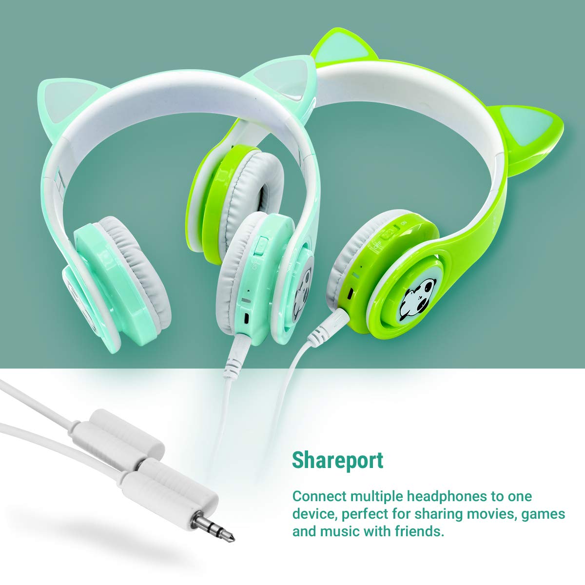 Woice Kids Bluetooth Headphones, Cat Ear LED Light Wireless Foldable Headphones Over Ear with Mic, Music Sharing Function and 0-85dB /110dB Limited for iPhone/iPad/Smartphones/Laptop/PC(Mint)
