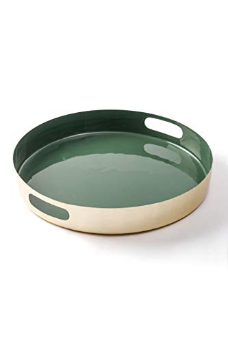 Serein Round Green Ottoman Tray for Living Room High Gloss Enamel Decorative Platter Gold Table Centrepieces Decor Gifts for Housewarming, Wedding, Friends & Family