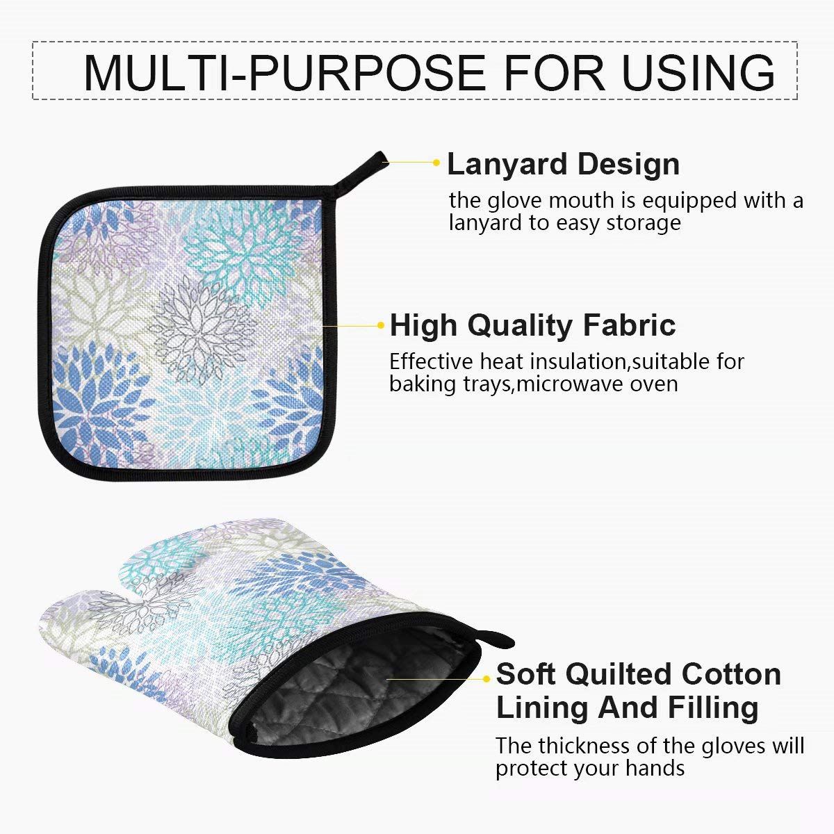 Dahlia Flower Oven Mitts and Pot Holders Sets Heat Resistant Non Slip Daisy Sunflower Oven Gloves Hot Pads Insulated Washable for Cooking Baking BBQ Decorative Kitchen Gift