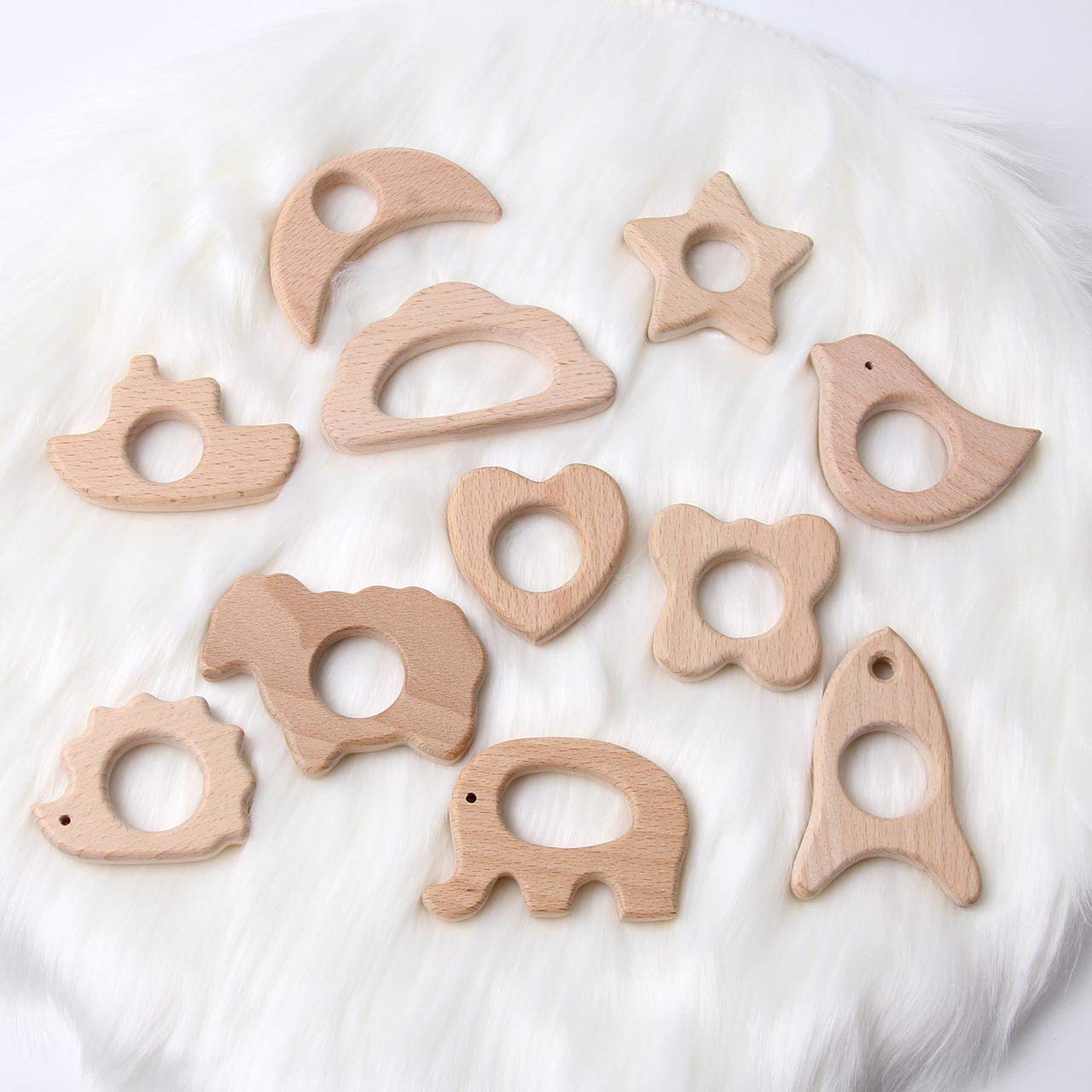Wood Teethers for Babies DIY Necklace and Bangles Soothes Gum Pain Molar Teething Wood, Bird Elephant Sheep Moon Rocket Butterfly Star Heart Hedgehog Ship Cloud