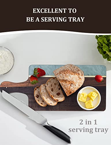 Fkksparkler Cutting Board with Marble and Wood, 16.5”X 7” Cheese Board with Handle,Serving board for Bread, Cheese, Meat, Fruits, and Vegetables, Charcuterie Boards for Kitchen as Serving Trays