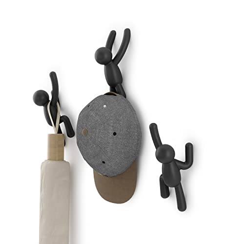 Umbra Buddy Wall Hooks – Decorative Wall Mounted Coat Hooks for Hanging Coats, Scarves, Bags, Purses, Backpacks, Towels and More, Set of 3, Black