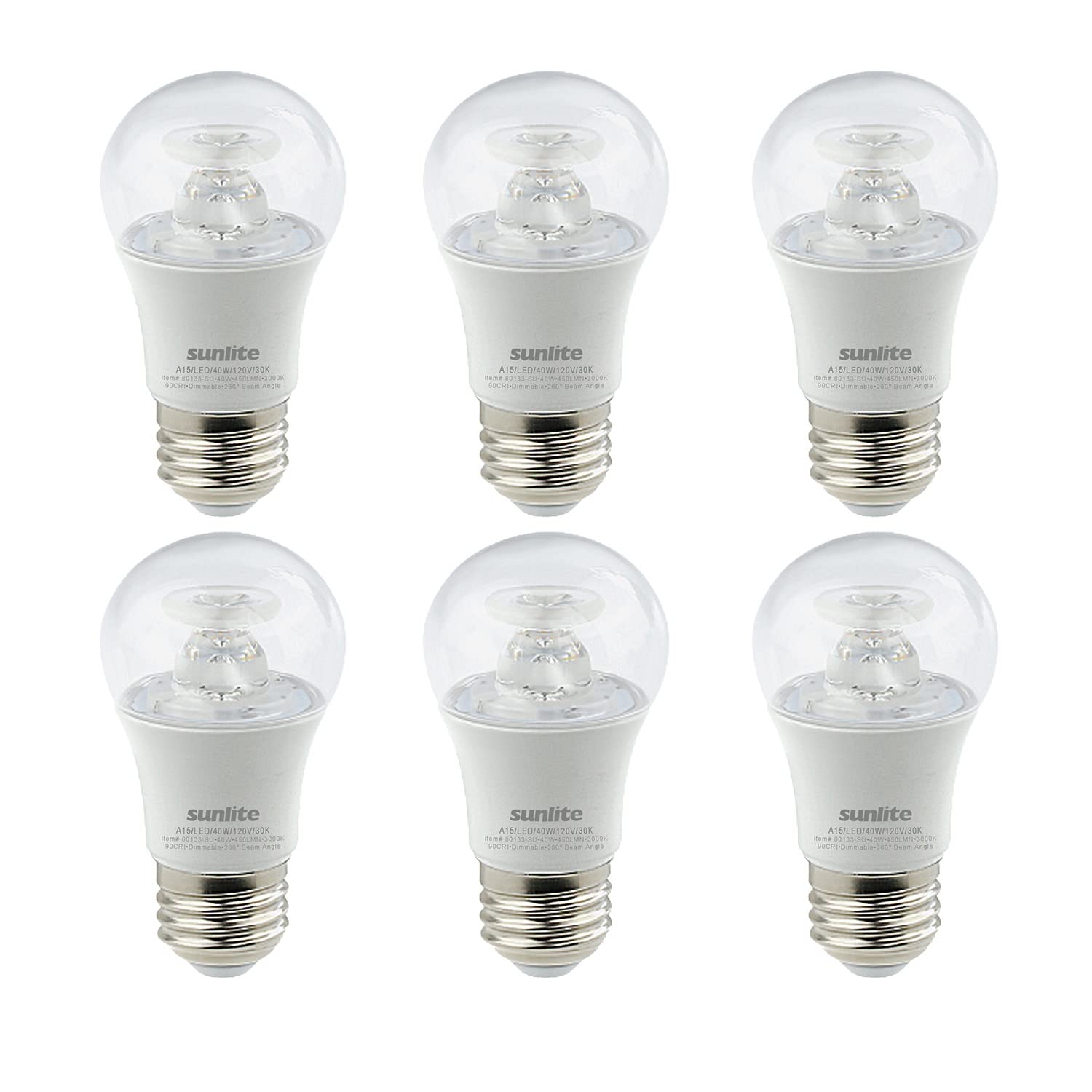 Sunlite 45162 LED A15 Appliance Clear Light Bulb, 6 Watts (40W Equivalent), 450 Lumens, Medium Base (E26), 90 CRI, Dimmable, ETL Listed, Ceiling Fan, Title-20 Compliant, 3000K Warm White, 6 Count