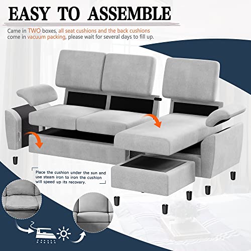 Meilocar Sofa Couch, 79" Sectional Convertible L Shaped Couch with Reversible Ottoman, 3-Seat Sofa Sectional with Removable Armrest for Living Room, Apartment, Small Space, Light Grey