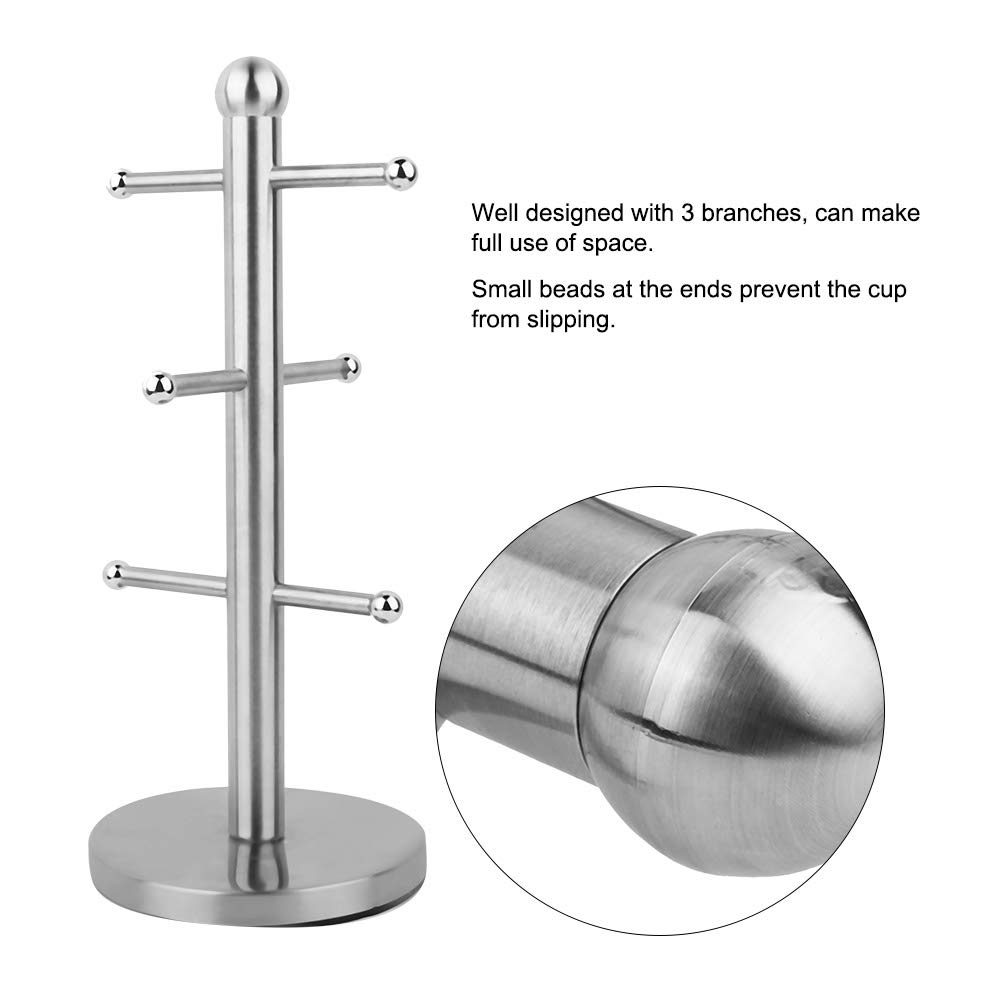 Natudeco Coffee Mug Tree Stainless Steel Cup Holder Mug Tree Stand Cup Display Rack Cup Organizer with 3 Branches Coffee Accessories for Kitchen and Bar