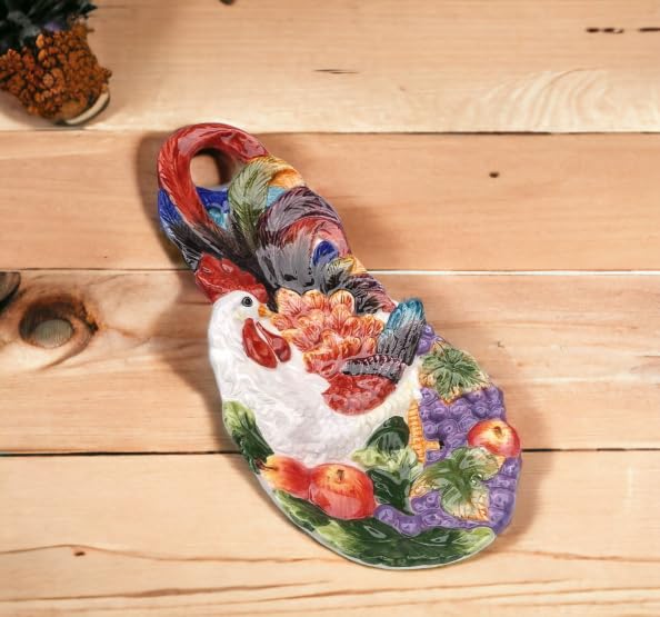 Fine Ceramic Colorful Farmhouse Country Rooster with Fruits Design Spoon Rest, 7 1/2" L