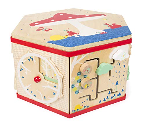 Wooden Activity Cube XL Size by Small Foot โ Classic 7-Sided Interactive Toy with Bead Maze, Puzzle, Shape Sorter, Clock & Wheels - Develops Kids Dexterity, Motor Skills โ Age 12+ months