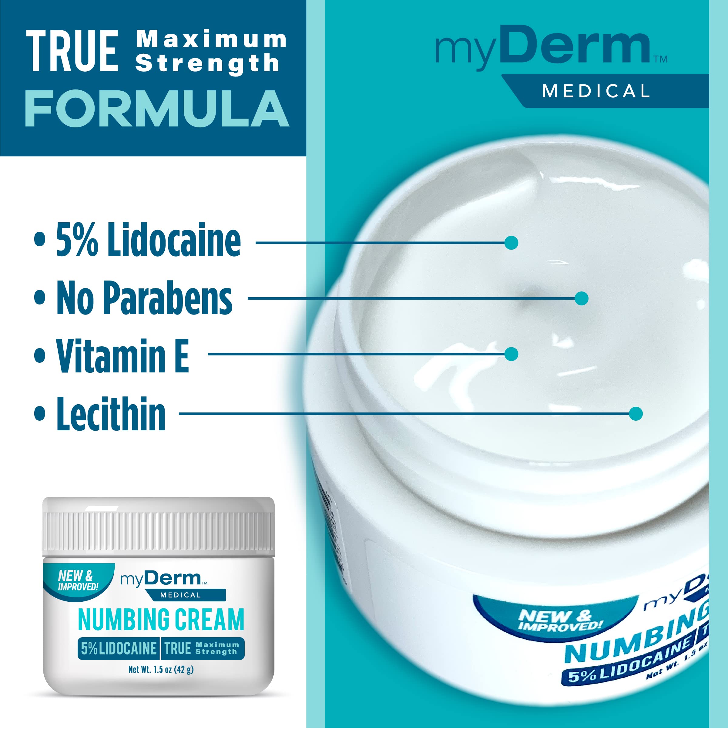 Myderm Medical 5% Lidocaine Numbing Cream, 3 Jars (1.5oz Each) 5% Topical Cream with Vitamin E for Relief from Swelling, Itching, Burning - Made in The USA