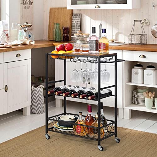 melos Bar Cart, Mobile Bar Serving Cart, Rolling Wine Cart with Glass Stemware Rack and Wine Bottle Holders, ndustrial Vintage Style Kitchen Serving Cart for, Kitchen(Brown)