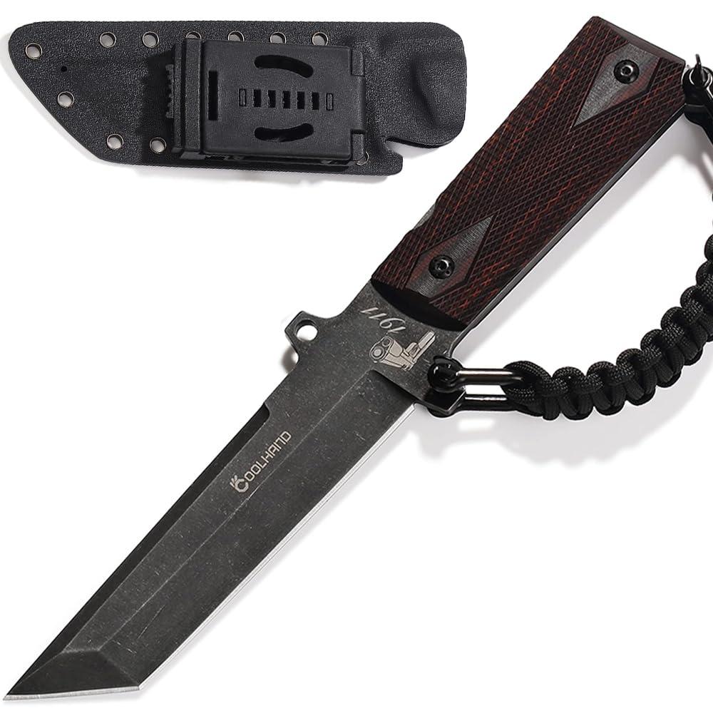 Cool Hand Beast Survival Hunting Knife with Sheath, Replaceable 1911 Wood Grips Handle, Black Stone Washed 0.2" Thick D2 Steel Tanto Fixed Blade Knives, 1911F-BW