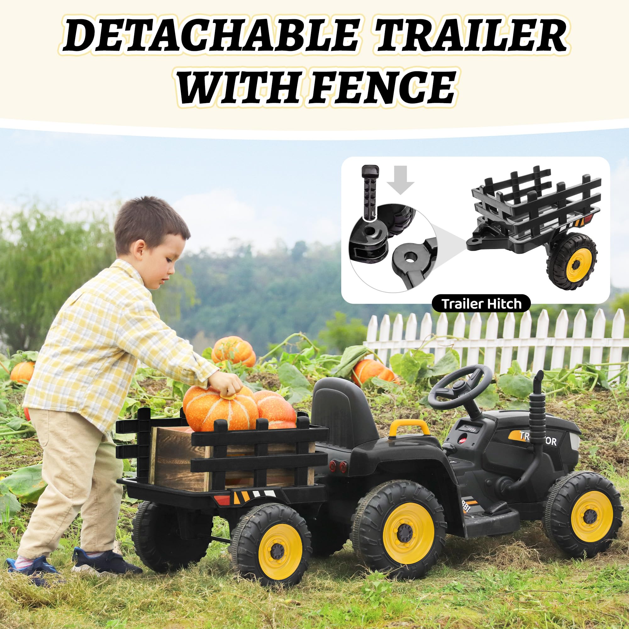 TOBBI Kids Electric Ride On Toy Tractor, 12v Battery-Powered 4 Wheels Ride On Car with Trailer for Toddlers 3-6 Years-Black
