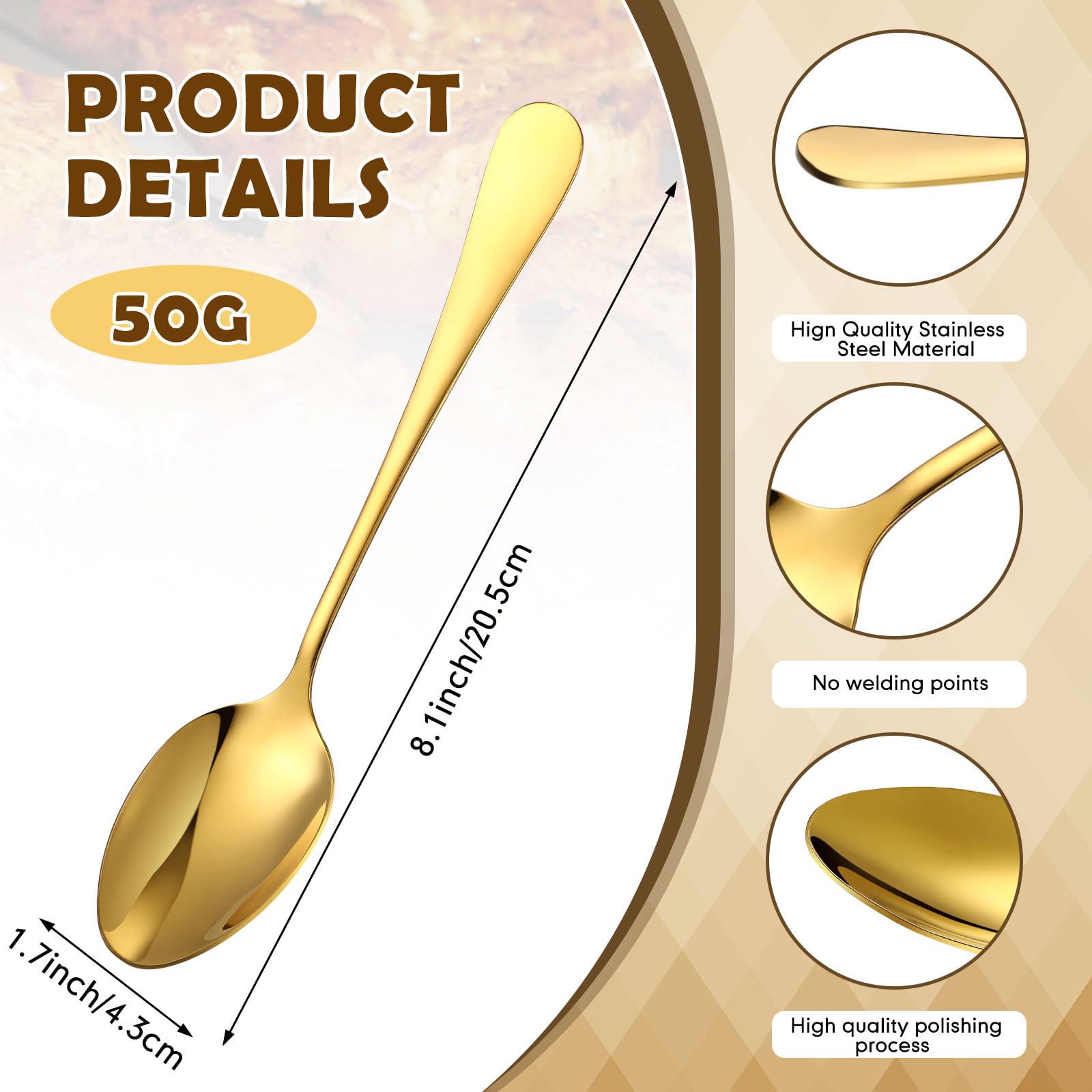 Hushee 50 Pcs Gold Spoons 8 Inch Stainless Steel Gold Dinner Spoons Dishwasher Safe Mirror Finish Soup Spoons Durable Metal Spoons Large Table spoons Titanium Spoons for Home Restaurant