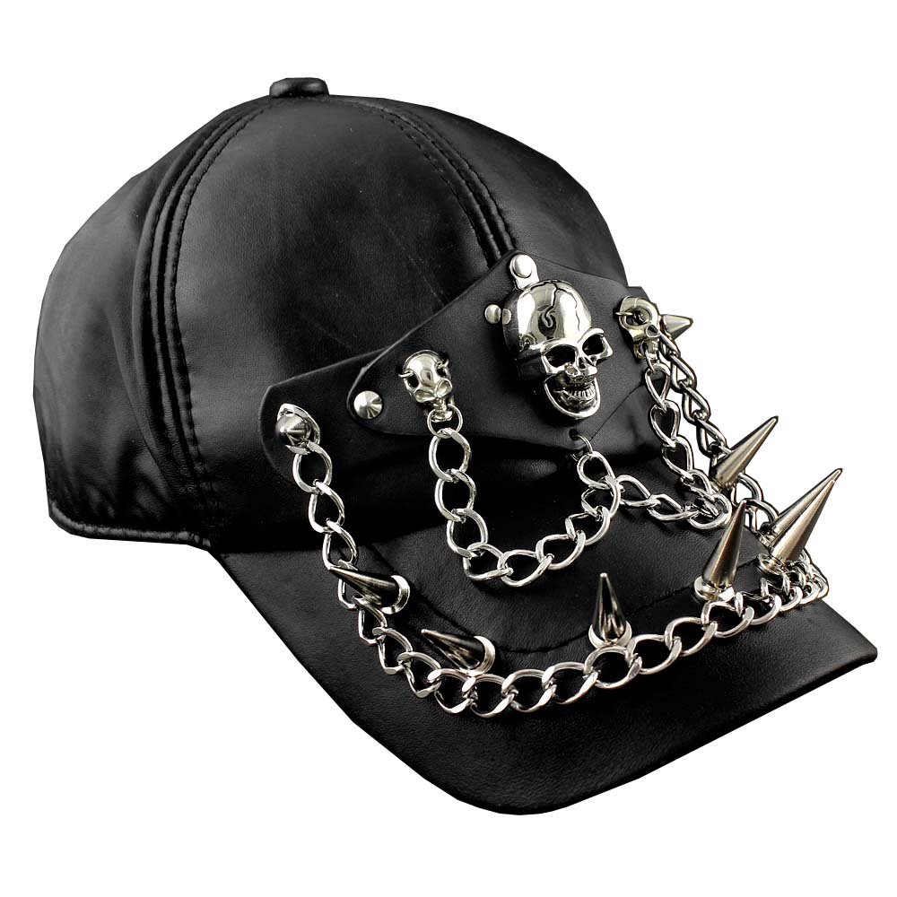 Cool Spike Goth Skull Real Leather Cap Bassbal Hat Men's Biker Punk Rock Black