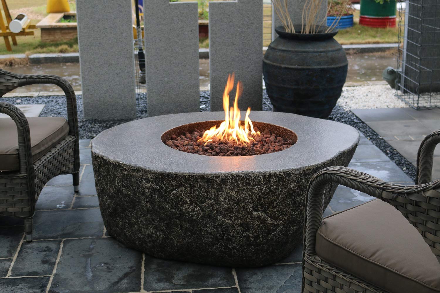 Elementi Outdoor Fiery Rock Fire Pit Table 50 x 42 Inches Grey Durable Glass Reinforced Concrete Square Fireplace Includes Burner Lava Rock Canvas Cover - Natural Gas