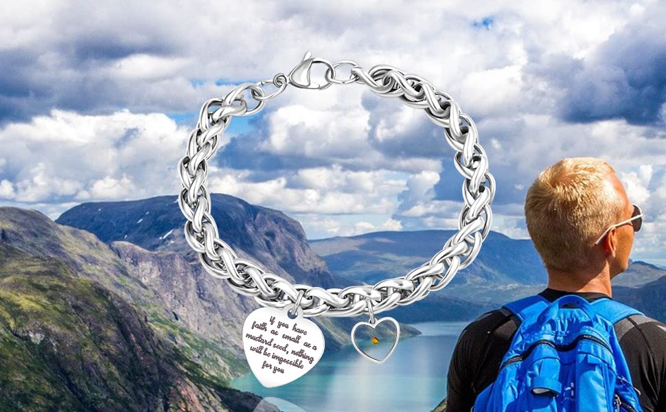 Cool Stainless Chunky Thick Large Link Chain Bracelet with Faith Mustard Seed Charm for Men Women Length 7.9" * Width 8mm (8mm-Heart Charm)