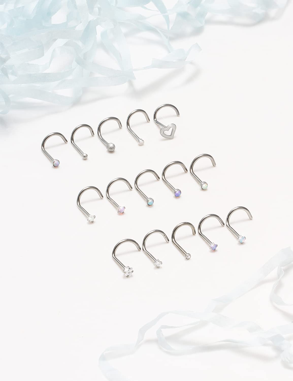 Eakxnig Opal 20G Nose Rings Surgical Steel Nose Studs Top CZ 1.5mm Tiny Nose Studs Screw Nose Ring Stud Heart Nostril Piercing Jewelry for Women Men Corkscrew Nose Rings