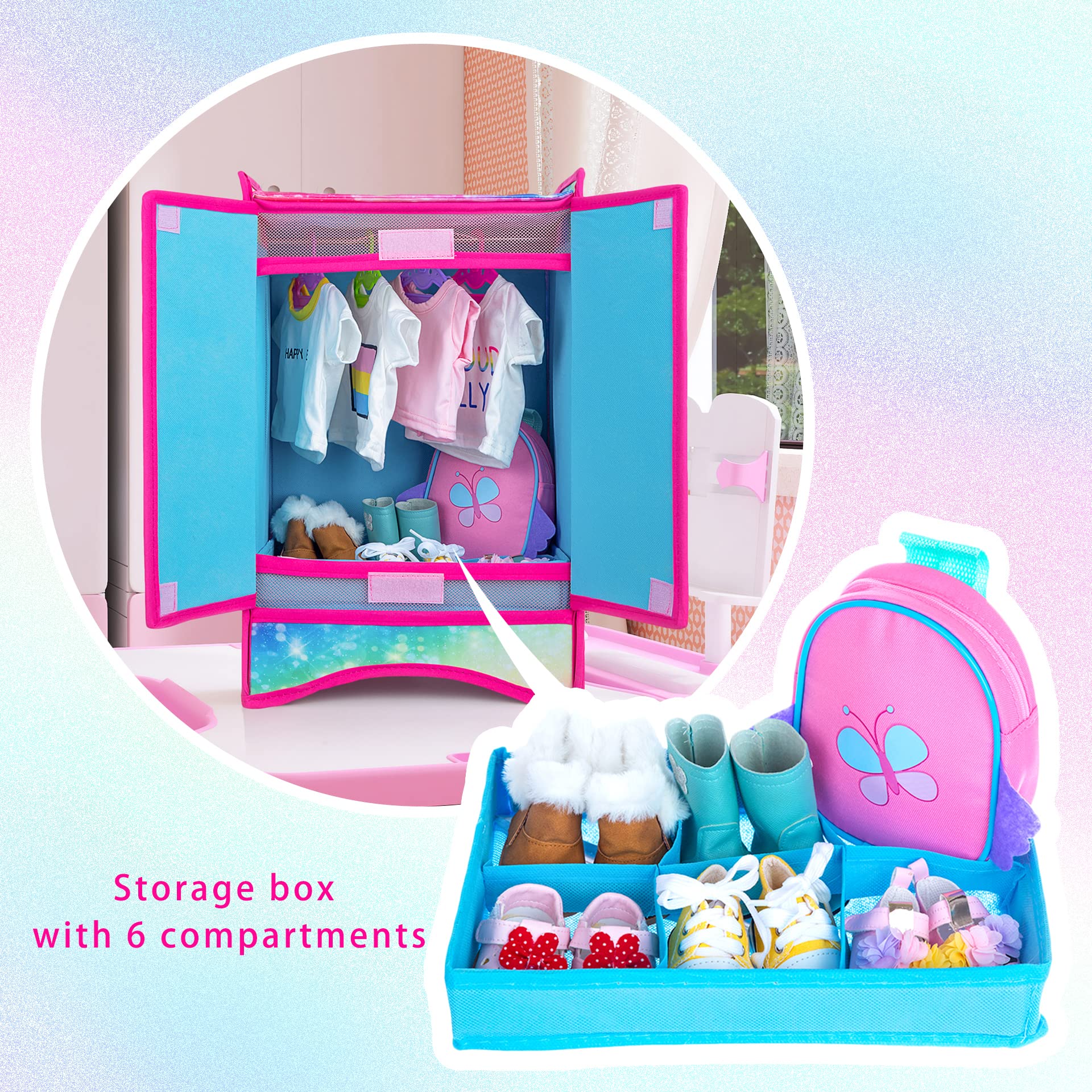 ZITA ELEMENT 18 Inch Girl Doll Accessories Closet Wardrobe Set - Including 18 Inch Doll Clothes Wardrobe, Hangers and Storage Box for Our My Generation Life Doll Accessories