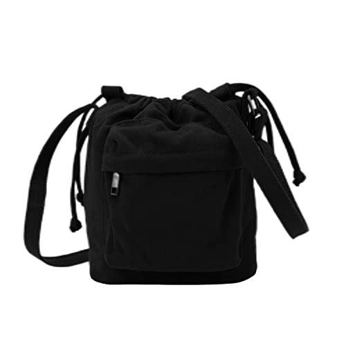 Emprier Women's Small Bucket Bags and Purse Small Canvas Tote Handbag Drawstring Hobo and Shoulder Handbags Black