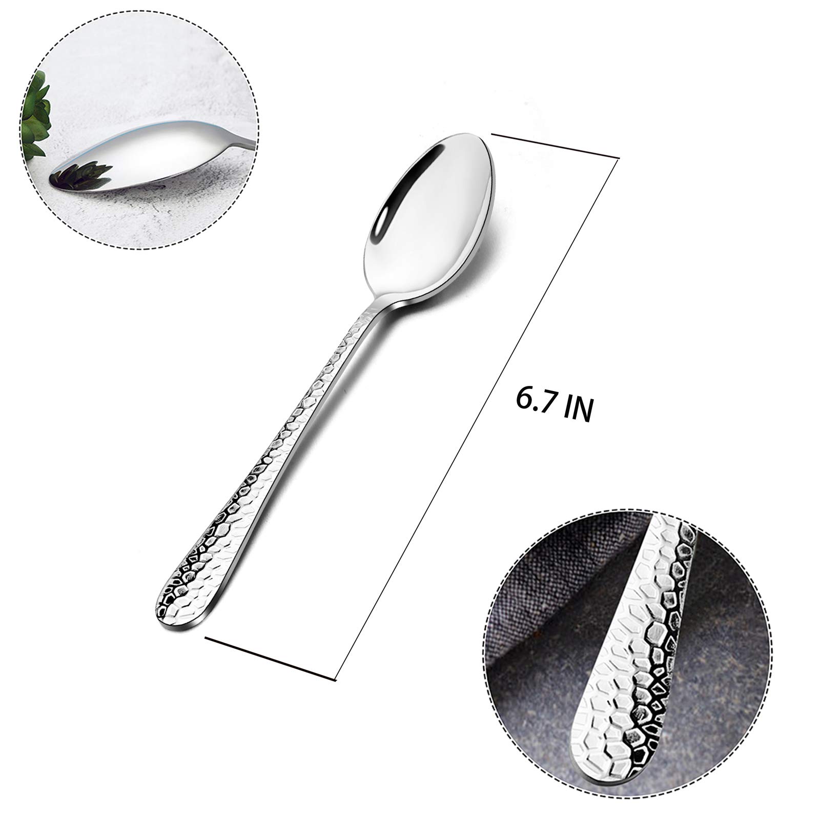 E-far Stainless Steel Teaspoons Set of 12, Modern Hammered Silverware Flatware Dessert Spoons for Home, Kitchen, Restaurant, Round Edge & Mirror Polished, Dishwasher Safe - 6.7 Inches